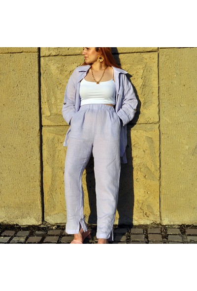 Gamze Derin Lila Gömlekli Keten Vual Takım