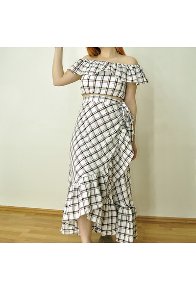 Gamze Derin Bordo Kareli Etek Bluz Takım