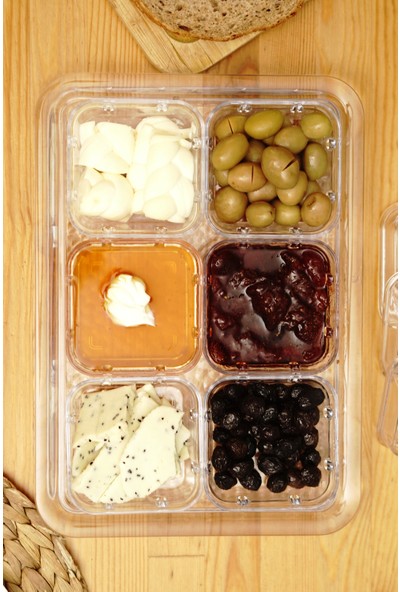 The Buy Box Kahvaltılık Şeffaf Ayrı Kapaklı Tepsili 7 Parça Dayanıklı Şık Tasarım Akrilik 6 Ayrı Bölmeli Kahvaltı Takımı