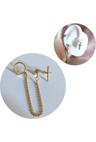 Bylin Cerrahi Çelik Zincirli Ikili Gold Piercing Set- 2 Adet - 6 mm Bylin Cerrahi Çelik Zincirli Ikili Gold Piercing Set- 2 Adet - 6 mm