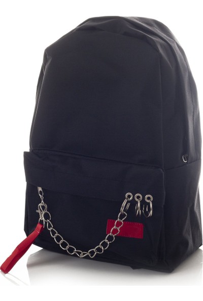 Düz Siyah Piercing Zincirli Sırt Okul Çantası
