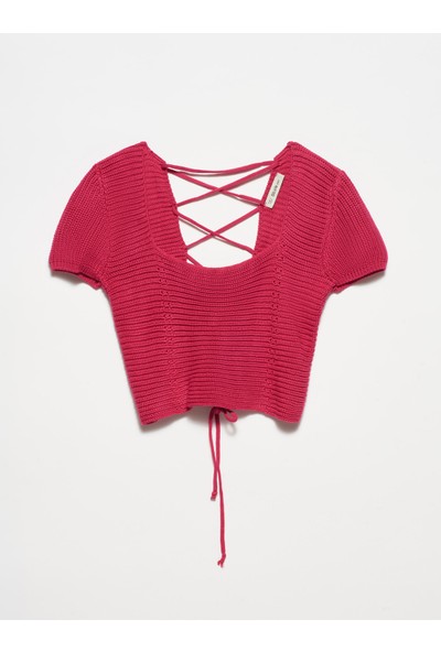 Dilvin 10164 Kare Yaka Arkası Bağcıklı Kısa Kol Kazak-Fuşya