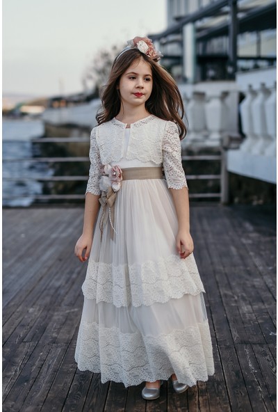 Mialora Exclusive Ekru, Bolerolu ve Taç Aksesuarlı Pamuk Dantelli Vintage Elbise.