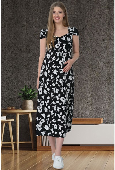 Şık Mecit Siyah Çiçek Desenli Hamile Lohusa Elbise