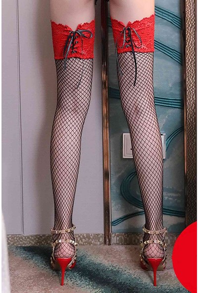 Merry See Perla Özel Tasarım Kurdaleli Danteli File Jartiyer Çorap Kırmızı Merry See Perla Özel Tasarım Kurdaleli Danteli File Jartiyer Çorap Kırmızı