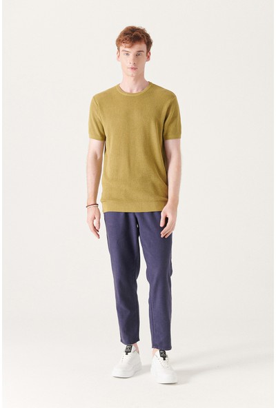 AVVA Erkek Yağ Yeşili Bisiklet Yaka Jakarlı Kazak E005010