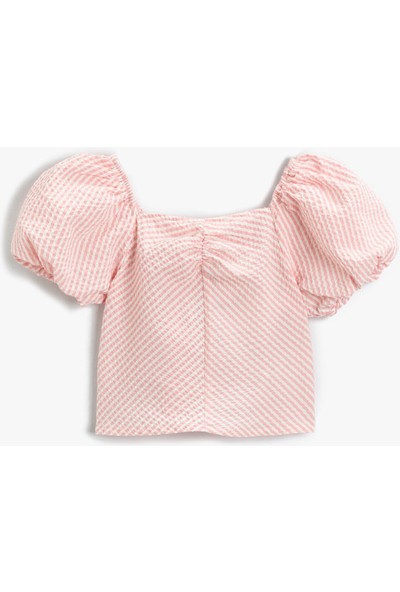 Koton Çizgili Balon Kollu Bluz Büzgü Detaylı
