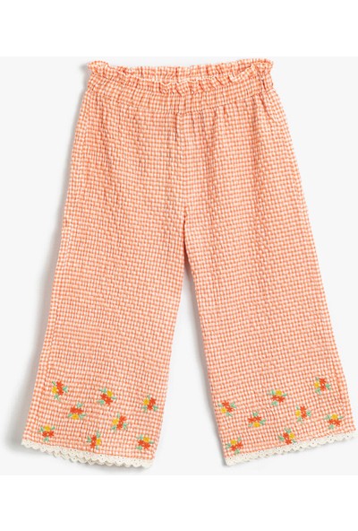 Koton Çiçek Işlemeli Pötikareli Geniş Paça Pantolon Koton Çiçek Işlemeli Pötikareli Geniş Paça Pantolon