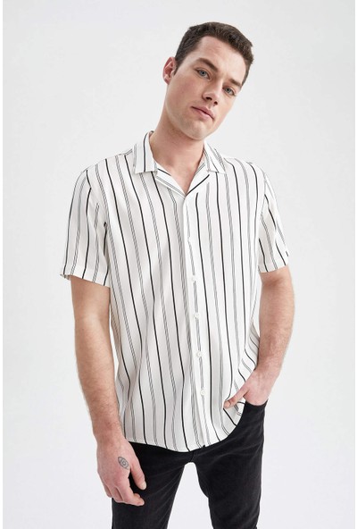 Regular Fit Viskon Çizgi Desenli Kısa Kollu GÖMLEK N9713AZ22SM