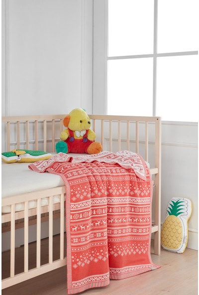 Joriens Triko Örgü Bebek Battaniyesi Yılbaşı Desenli Kırmızı 70X90 cm