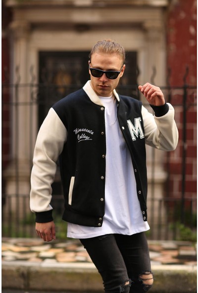Famoda M Baskılı Siyah Beyaz Polar Kolej Ceket Famoda M Baskılı Siyah Beyaz Polar Kolej Ceket