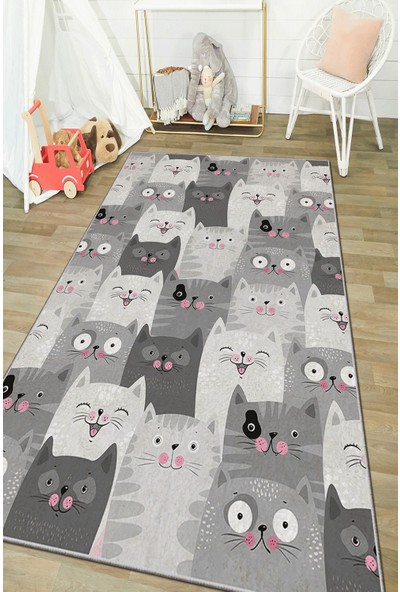 Homeilla Gri Kedi Figürlü Dijital Baskılı Çocuk Odası Halısı