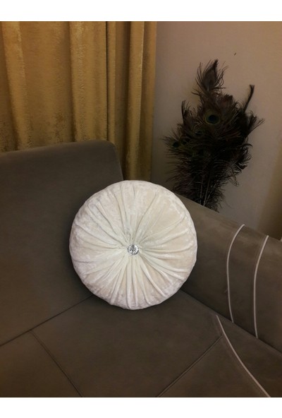 Byutku Ortası Taşlı Yuvarlak Dekoratif Yastık - Içi Dolu