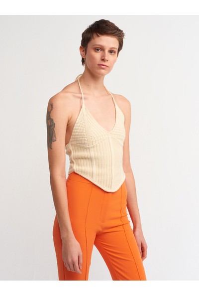 Dilvin 10142 Boyundan Bağcıklı Triko Atlet-Natural