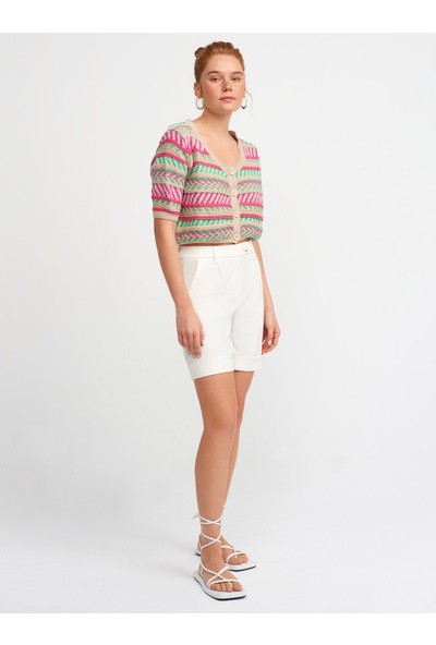 Dilvin 60126 Bisiklet Yaka Kısa Kol Triko Hırka-Multi Bej