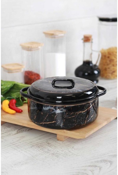 Acar Ella Porselen Mermer Desen Yuvarlak Tencere - Siyah