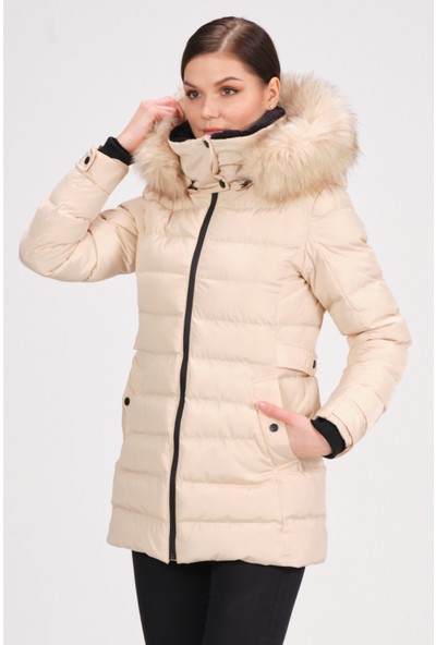 Kadın Kaban Kadın Suni Kürklü Çıkabilir Kapüşonlu Şişme Kaban