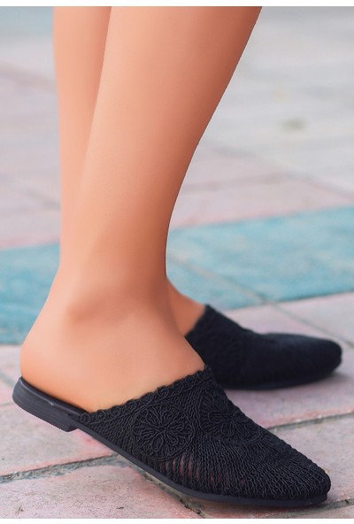 Erbilden Stel Siyah Örgülü Terlik