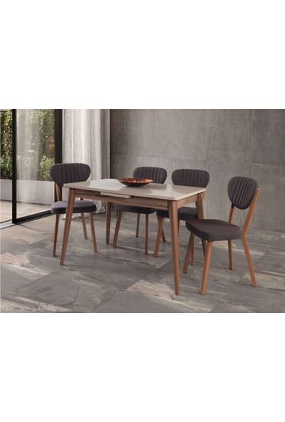 Ortadan Açılır Salon Yemek Masası 4 Adet Sandalye Takım Cappuccino-Ceviz