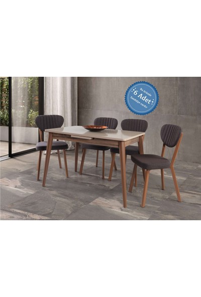 Evistro Ortadan Açılır Salon Yemek Masası 6 Adet Sandalye Takım Cappuccino-Ceviz Evistro Ortadan Açılır Salon Yemek Masası 6 Adet Sandalye Takım Cappuccino-Ceviz