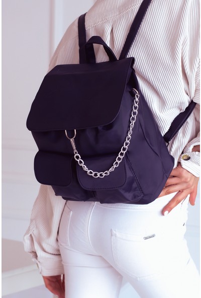 Hane14 Georgia zincir Detaylı Büyük Kadın Sırt Çantası Lacivert