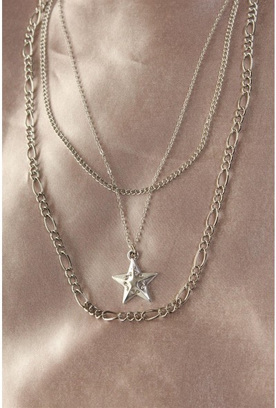N&C Bijuteri Gümüş Renkli Metal Zirkon Taş Yıldız Detay Çoklu Kadın Kolye N&C Bijuteri Gümüş Renkli Metal Zirkon Taş Yıldız Detay Çoklu Kadın Kolye