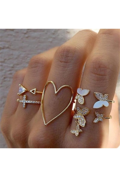 Lil'adore 5'li Taşlı Kalp Kelebek Eklem Yüzük Seti
