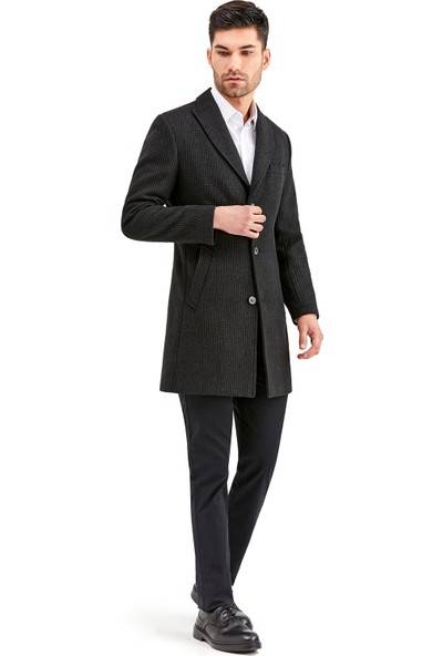 İmza Siyah Kendinden Desenli Slim Fit Palto