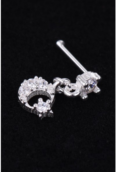 925 Ayar Gümüş Zirkon Taşlı Ay-Yıldız Sallantılı Burun Hızması