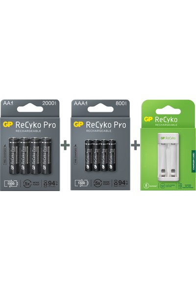 Gp E211 USB Aa-Aaa Şarj Cihazı + Gp Recyko Pro 2000 Mah 4'lü Aa Kalem + Gp Recyko Pro 800 Mah 4'lü Aaa Ince Kalem Gp E211 USB Aa-Aaa Şarj Cihazı + Gp Recyko Pro 2000 Mah 4'lü Aa Kalem + Gp Recyko Pro 800 Mah 4'lü Aaa Ince Kalem