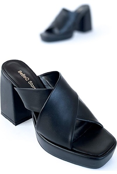 BeBeQ Burch Siyah Mat Çapraz Bant Kalın Topuklu Kadın Terlik