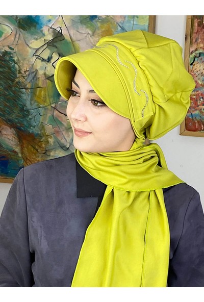 Yoisho Store Fıstık Yeşili Beyaz Taş Baskılı Tesettür Kadın Şapka