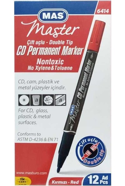 MAS 6414 Kırmızı Çift Uçlu CD Marker Kalem 12'li MAS 6414 Kırmızı Çift Uçlu CD Marker Kalem 12'li