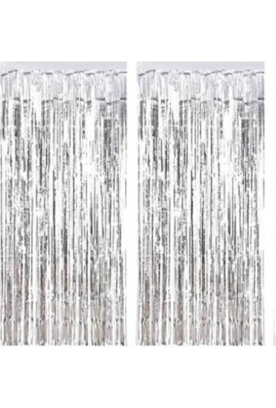 Best Parti 2 Adet 45 cm × 200 cm Metalize Arka Fon Kapı Perdesi Püsküllü Fon Süsü Gümüş