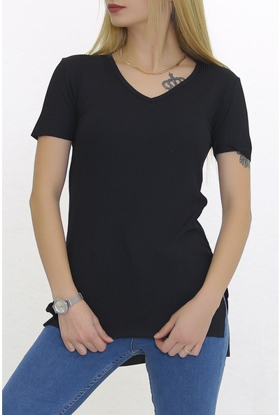 Bernam Butik V Yaka Yırtmaçlı Tişört Siyah Bernam Butik V Yaka Yırtmaçlı Tişört Siyah