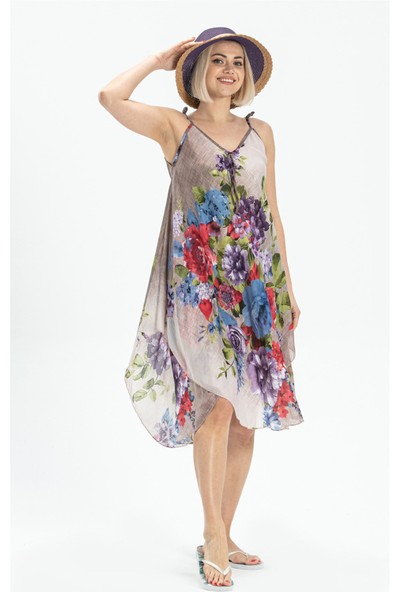 Eliş Şile Bezi Askılı Vual Afrodit Kısa Elbise Gri 6132