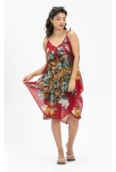 Eliş Şile Bezi Askılı Vual Afrodit Kısa Elbise Kırmızı 6124