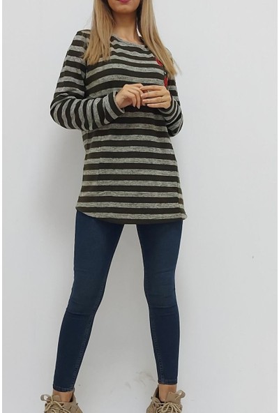 Baskılı Çizgi Desenli Kazak Haki