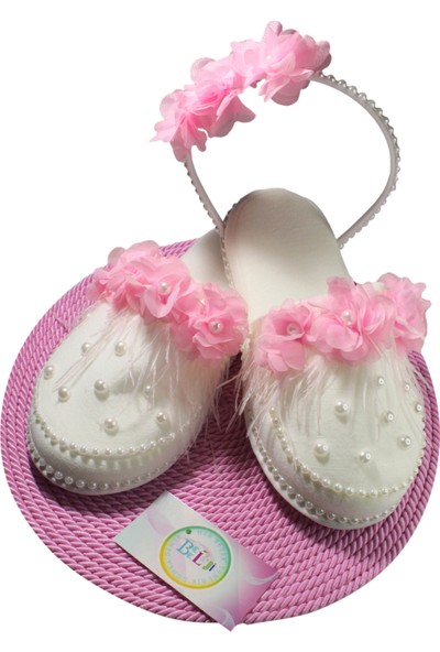 Bebeloji Lohusa Takımı Çiçekli Incili Terlik ve Taç Takımı (2'li Set)