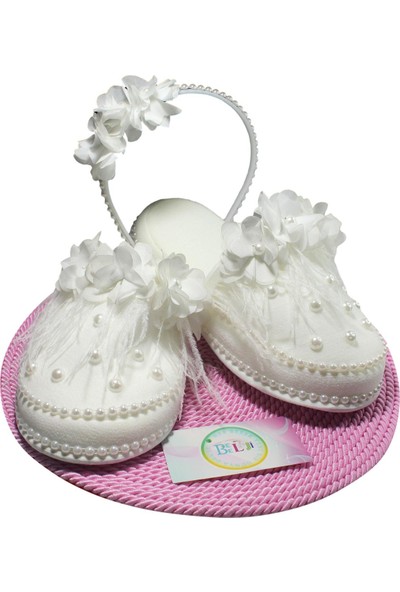 Bebeloji Lohusa Takımı Çiçekli Incili Terlik ve Taç Takımı (2'li Set)