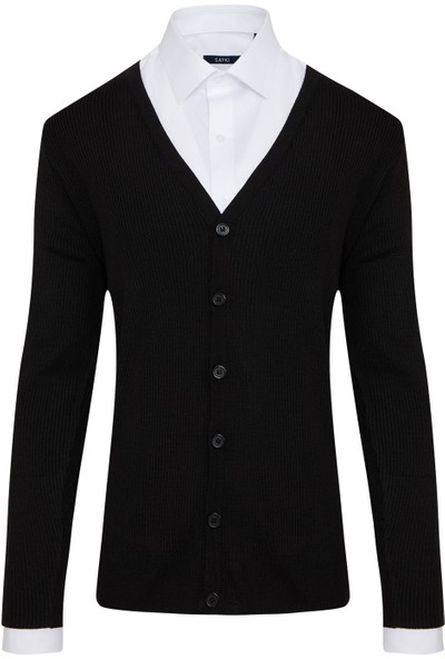 Hatemoğlu Siyah V Yaka Regular Fit Yünlü Triko Hırka