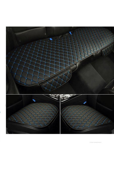 Tegin Araba Koltuk Minderi Ön ve Arka Takım 3 Parça Aracınıza Stil Katın Siyah Deri Mavi Desen