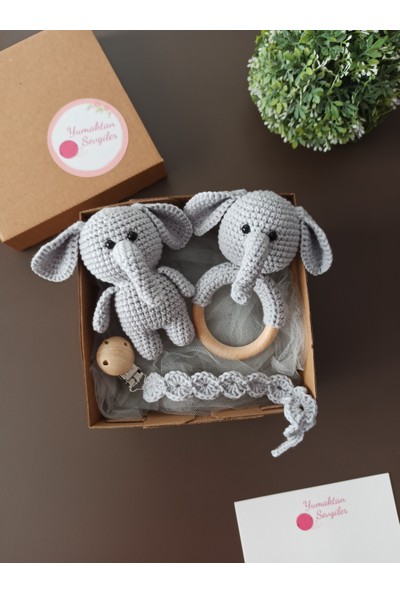 Yumaktan Sevgiler Amigurumi Fil Oyuncak, Diş Kaşıyıcı ve Emzik Zinciri Set