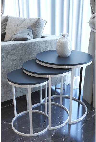 3 Lü C Zigon Sehpa Beyaz Antrasit Gri