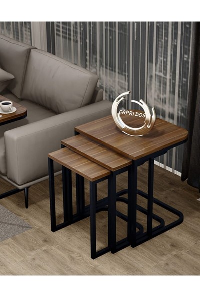 Metal Siyah-Ceviz 3 Lü Zigon Sehpa