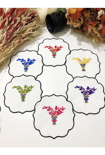 Sun Art Textile Bahar Dalı-4 6 Farklı Renk Nakışlı Kokteyl / Sunum Peçetesi, Bardak Altlığı 6'lı Takım