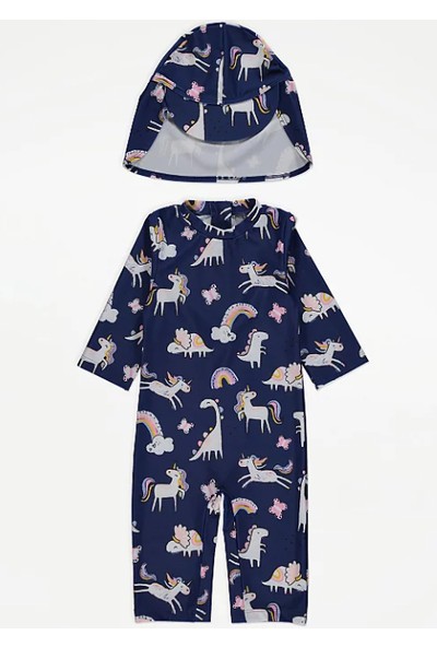 George Kız Çocuk Güneş Korumalı Unicorn Baskılı Şapkalı Lacivert Tulum Mayo