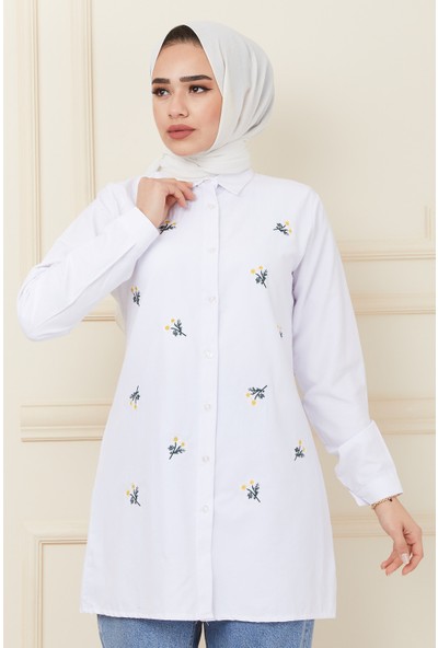 İmaj Butik Papatya Nakışlı Tesettür Gömlek Tunik/Beyaz