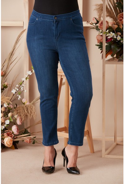 Rmg Beli Lastikli Büyük Beden Mavi Kot Pantolon