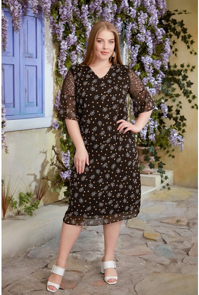 Rmg Kol Detaylı Çiçek Desenli Büyük Beden Siyah Elbise